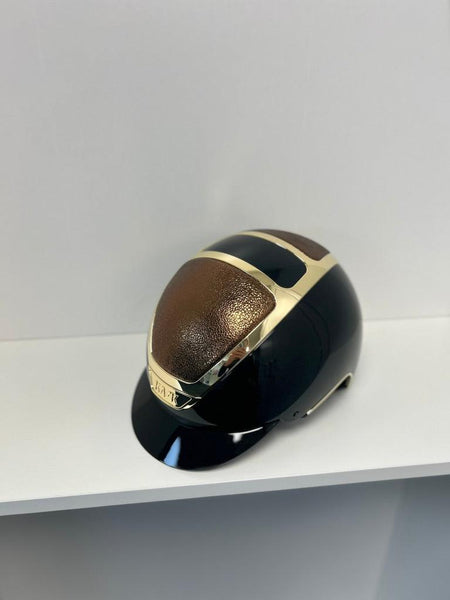 Kask Helmet, Black shine shell with a gold metallic leather – Flying Changes